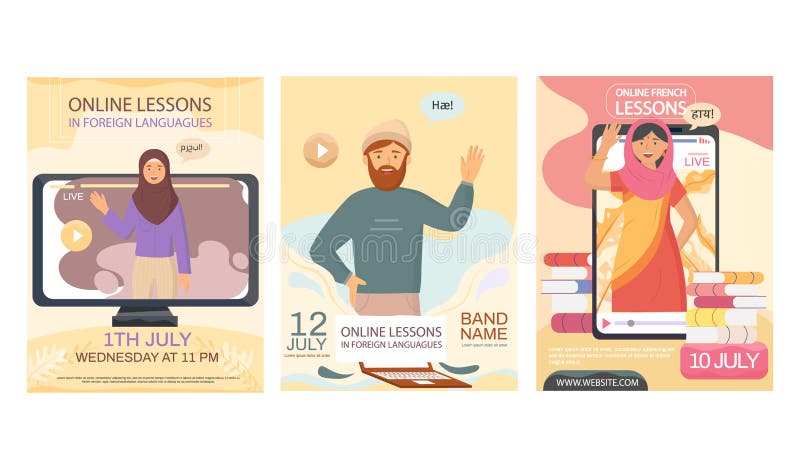 Set of Illustrations about Speaking Practice. Online Lesson in Foreign ...