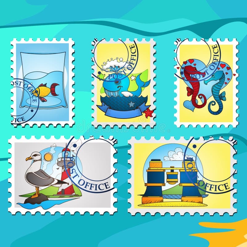 A Set of Illustrations Stylized for Postage Stamps on the Theme of the ...