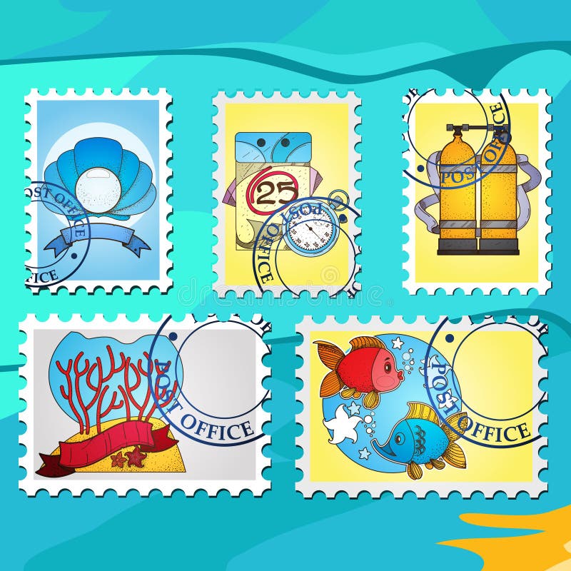 A Set of Illustrations Stylized for Postage Stamps on the Topic of ...