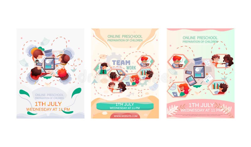 Set of Illustrations about Team Working with Education Program. Online ...