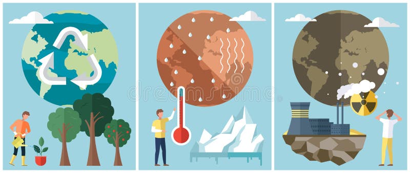 Set of Illustrations on Theme of Environmental Care and Problems with ...