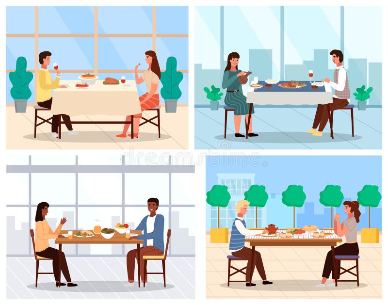 Set of Illustrations on the Topic of Couple Dine on Traditional Dishes ...