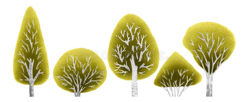 Set of Illustrations of Trees and Bushes Drawn in Pencil and Colored ...