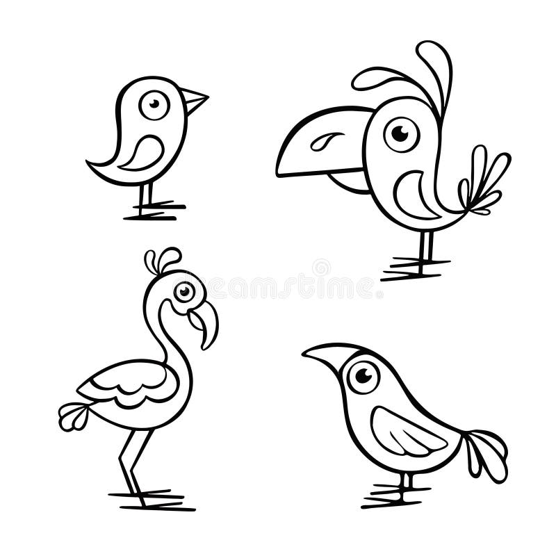 Set of Illustrations of Various Cute Birds Outline, Vector Stock Vector ...
