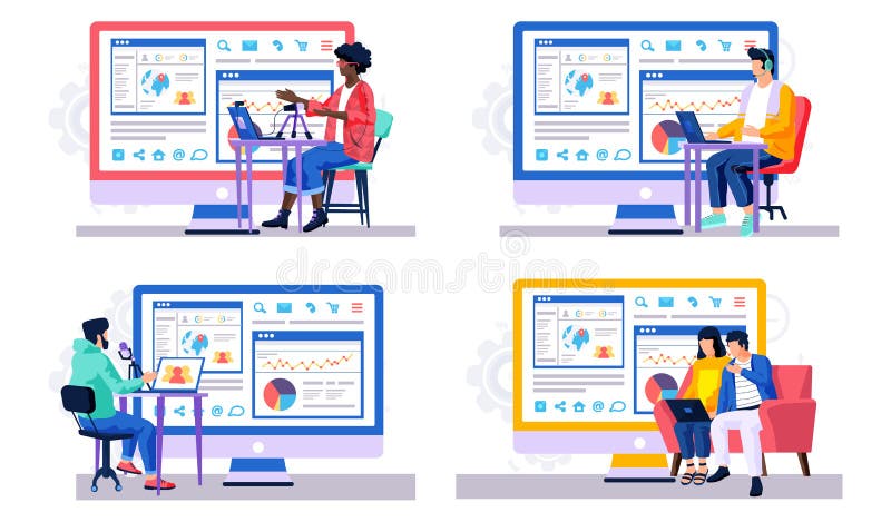 Set of Illustrations about Work with Statistical Data. People in the ...