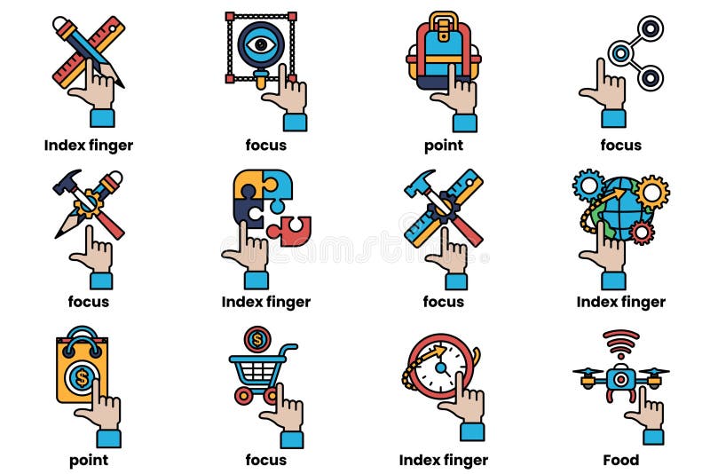Set of Images of Hands Pointing at Various Things in a Line Drawing ...