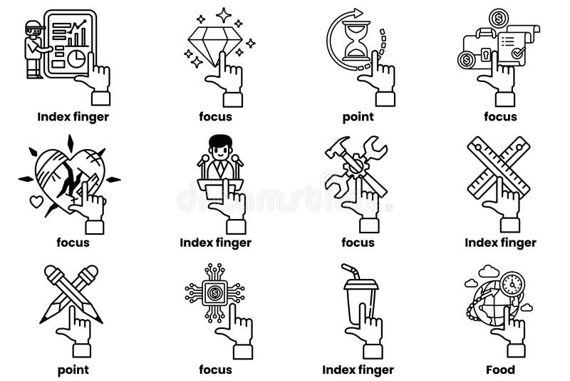 Set of Images of Hands Pointing at Various Things in a Line Drawing ...