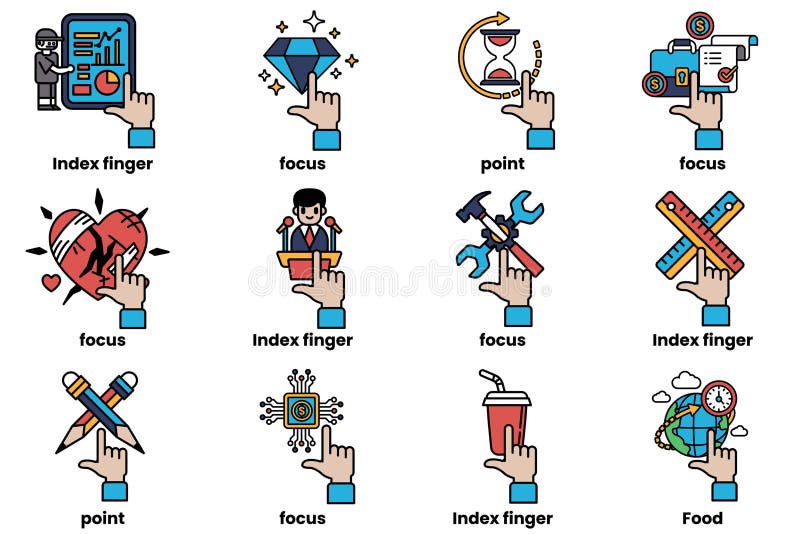 Set of Images of Hands Pointing at Various Things in a Line Drawing ...