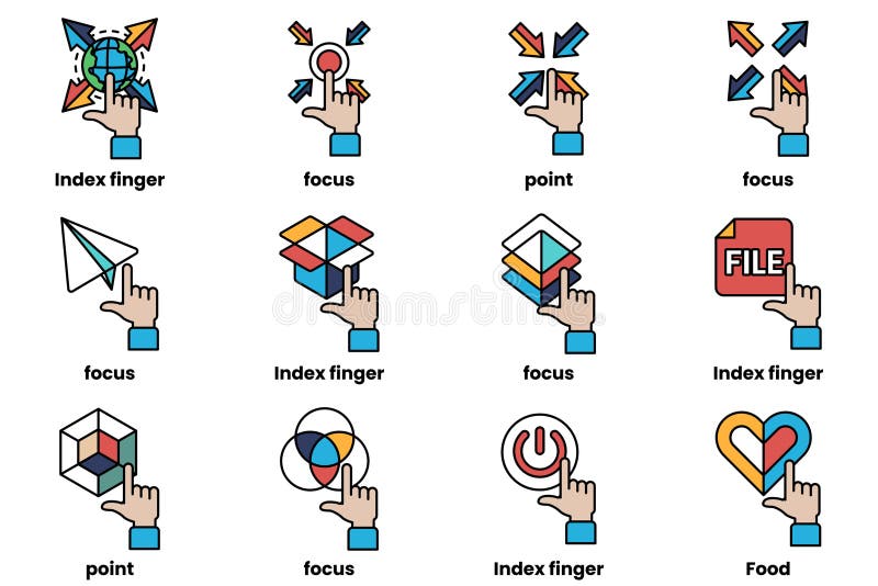 Set of Images of Hands Pointing at Various Things in a Line Drawing ...