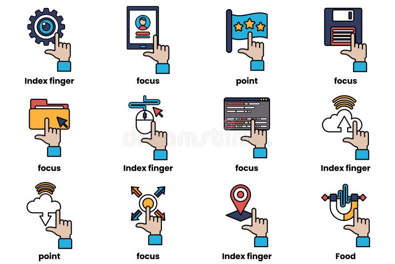 Set of Images of Hands Pointing at Various Things in a Line Drawing ...