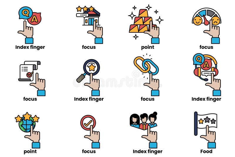 Set of Images of Hands Pointing at Various Things in a Line Drawing ...