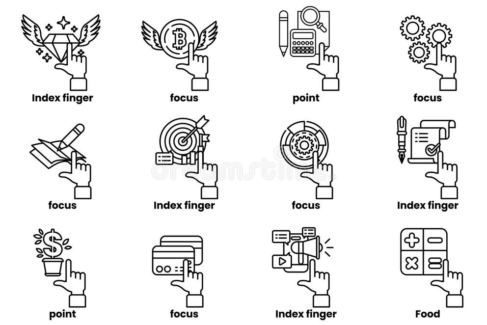 Set of Images of Hands Pointing at Various Things in a Line Drawing ...