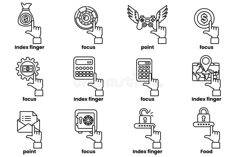 Set of Images of Hands Pointing at Various Things in a Line Drawing ...