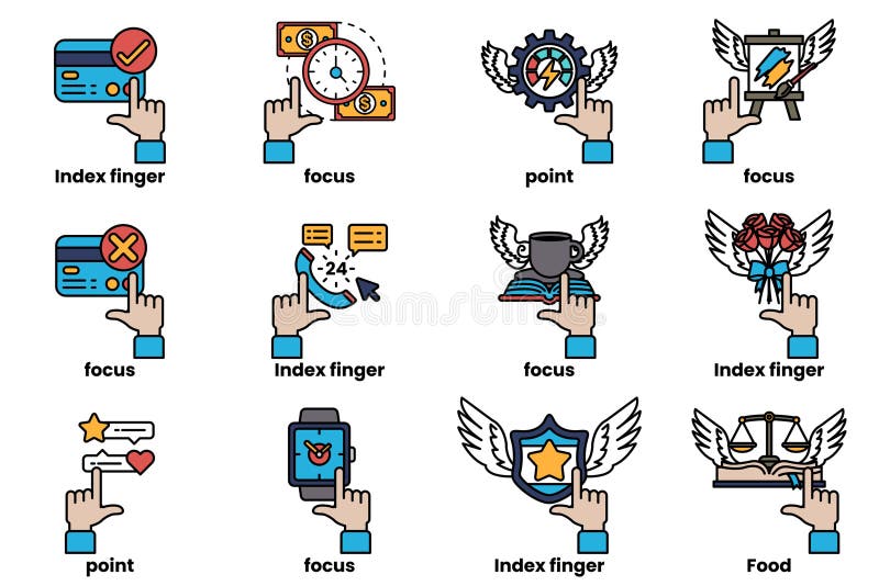 Set of Images of Hands Pointing at Various Things in a Line Drawing ...