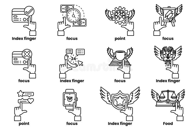Set of Images of Hands Pointing at Various Things in a Line Drawing ...