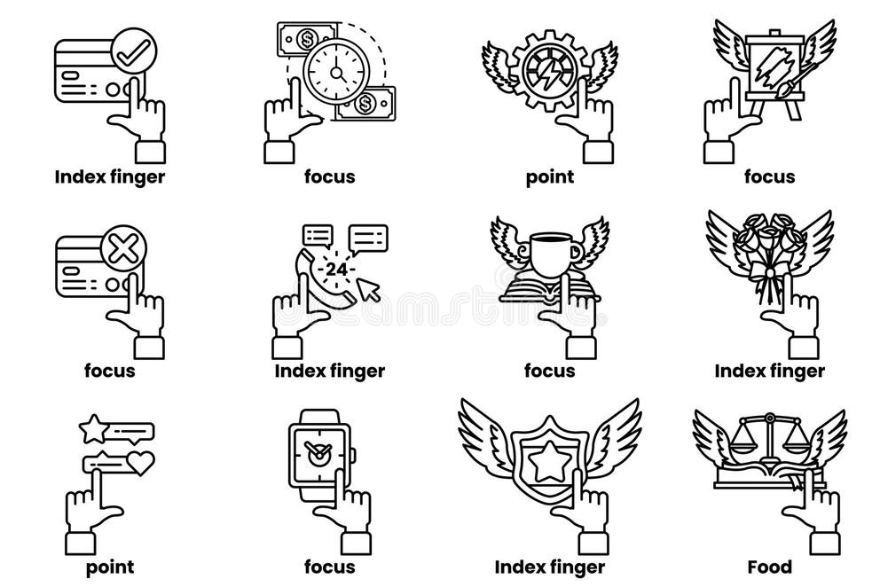 Set of Images of Hands Pointing at Various Things in a Line Drawing ...