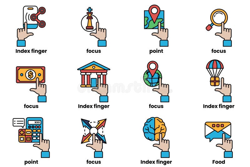 Set of Images of Hands Pointing at Various Things in a Line Drawing ...