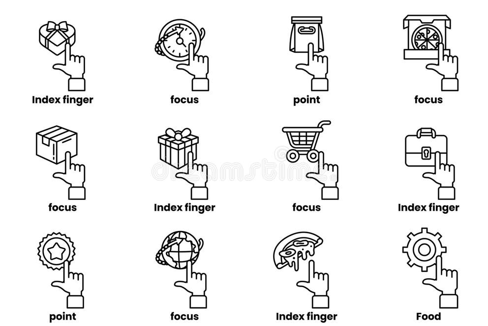 Set of Images of Hands Pointing at Various Things in a Line Drawing ...