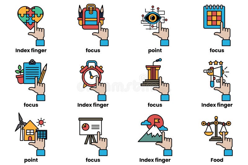 Set of Images of Hands Pointing at Various Things in a Line Drawing ...