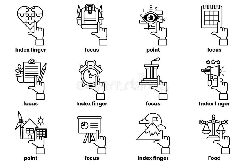Set of Images of Hands Pointing at Various Things in a Line Drawing ...