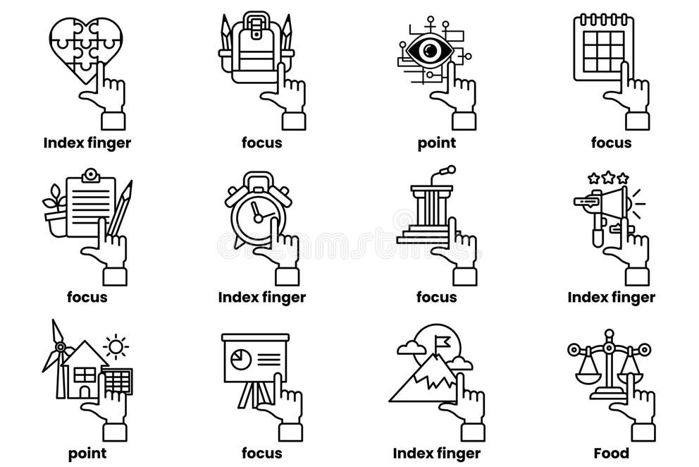 Set of Images of Hands Pointing at Various Things in a Line Drawing ...