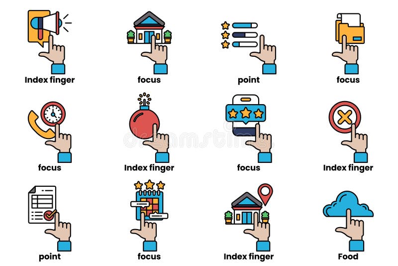 Set of Images of Hands Pointing at Various Things in a Line Drawing ...