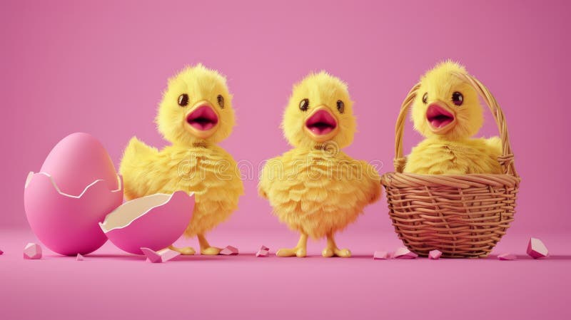 The Set Includes a Variety of 3D Easter Chicks on Pink Background. Some ...