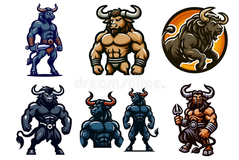 Set of 6 Minotaur Colorful Emblem Illustrations in Sticker Style for ...