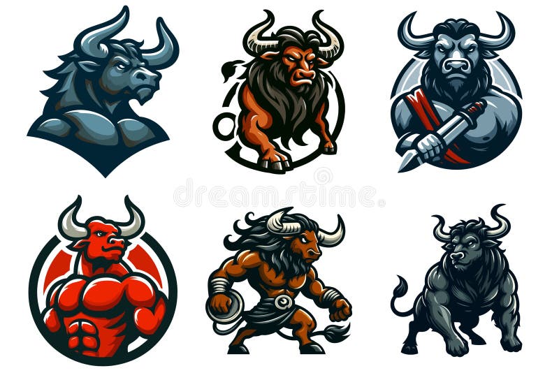 Set of 6 Minotaur Colorful Emblem Illustrations in Sticker Style for ...