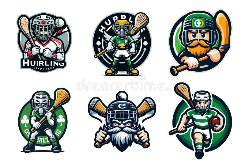 Set of 6 Hurling E-Game Mascot Emblem Vector Illustrations: Colorful ...