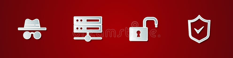 Set Incognito Mode, Server, Data, Web Hosting, Open Padlock and Shield with Check Mark Icon ...
