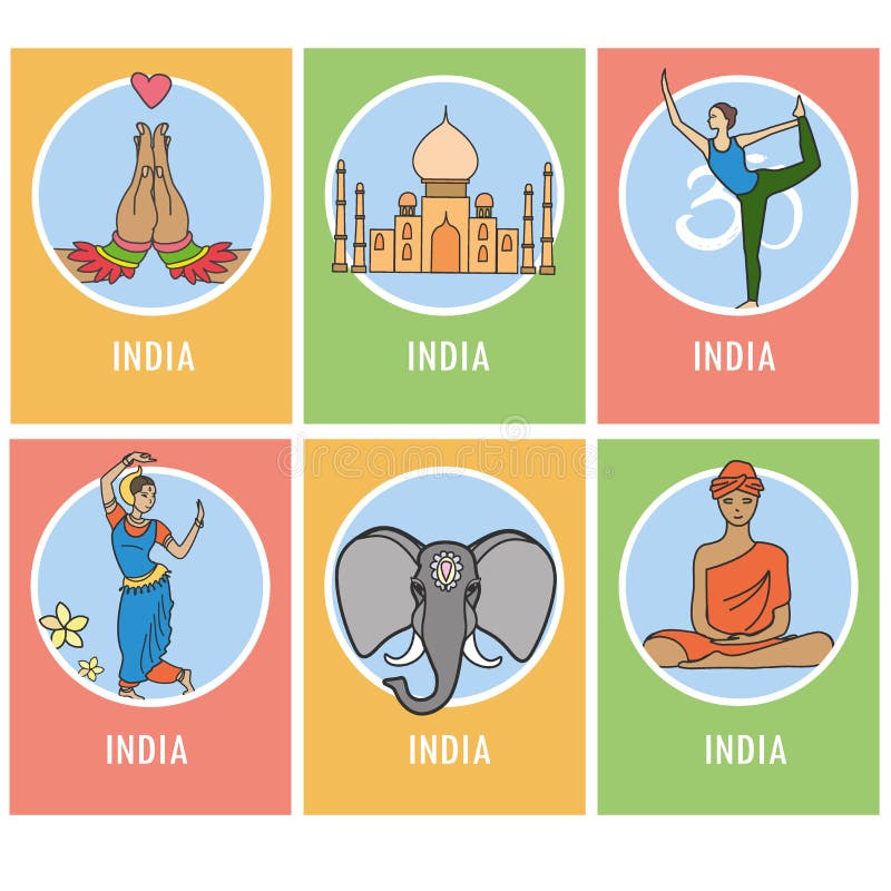 Set of India Cartoon Card or Icons Stock Vector - Illustration of ...