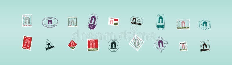 Set of India Gate Postage Stamp. Cartoon Icon Design Template with ...