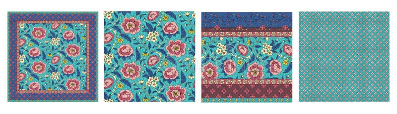 Set of 4 Indian Floral Patterns with Abstract Trailing Flowers and ...