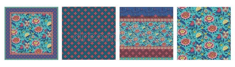 Set of 4 Indian Floral Patterns with Abstract Trailing Flowers and ...