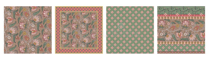 Set of 4 Indian Floral Patterns with Abstract Trailing Flowers and ...