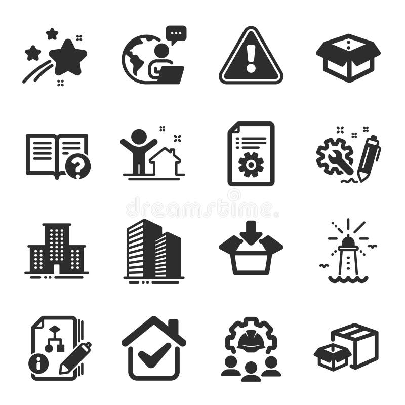 Industrial Icons Set. Included Icon As Lighthouse, Buildings, Technical Documentation Signs ...