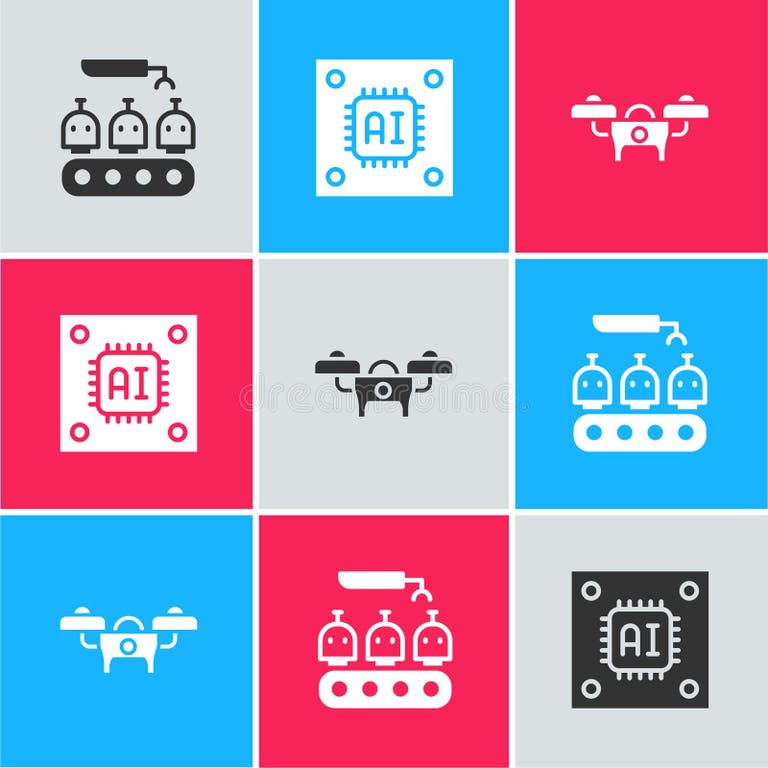 Set Industrial Production of Robots, Processor with Microcircuits CPU and Drone Icon. Vector ...