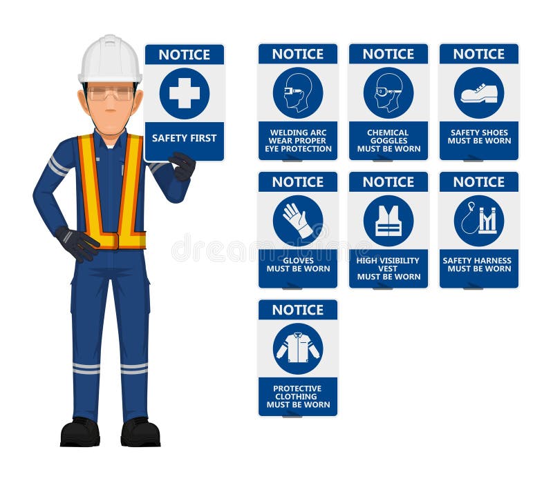 Set of Industrial Warning Sign with Worker on White Background Stock ...
