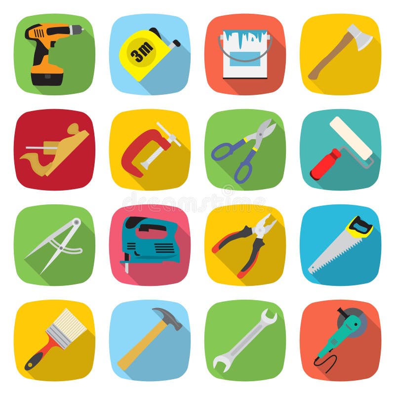 Set of Industrial Tools and Equipment Colored Icons Stock Vector ...