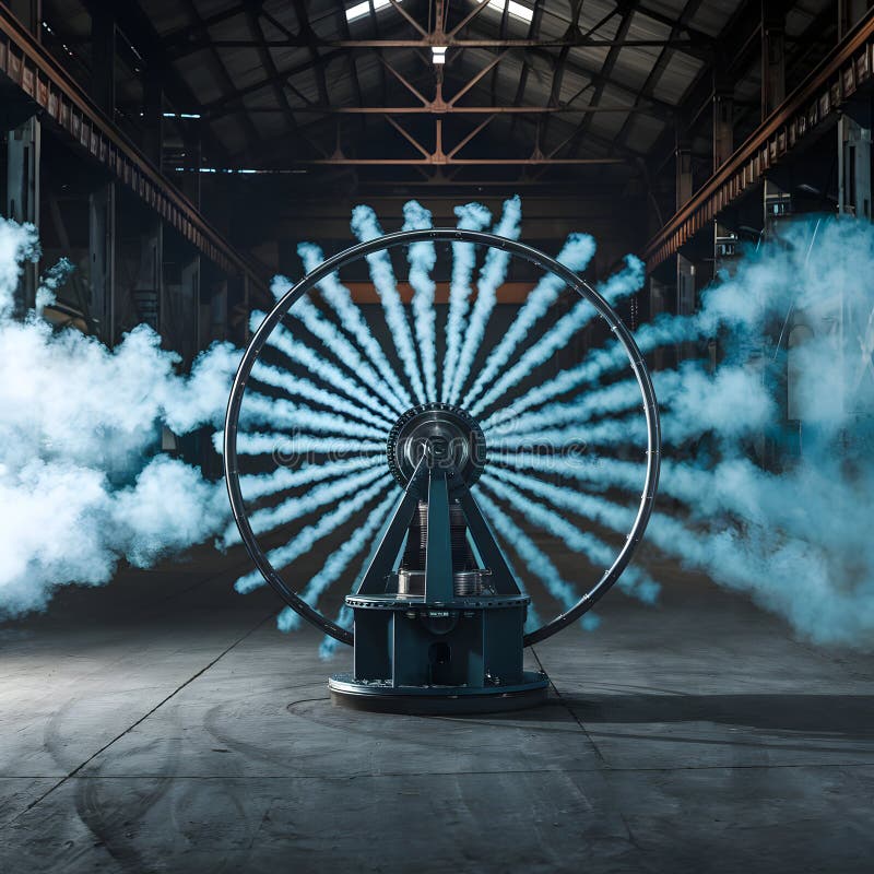 Metallic Device Emits Blue Mist in Dramatic Industrial Warehouse ...
