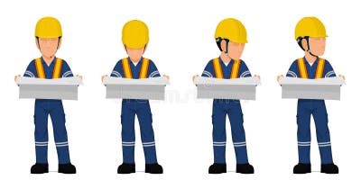 Set of Industrial Worker Hold the Engineering Drawing on White ...