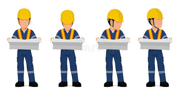 Set of Industrial Worker Hold the Engineering Drawing on White ...