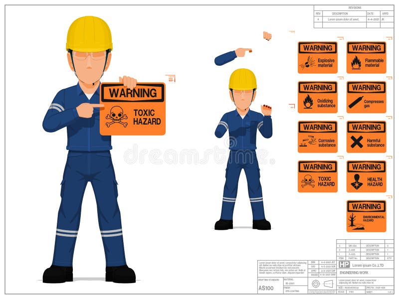 Set of Industrial Worker is Presenting Warning Sign on White Background ...