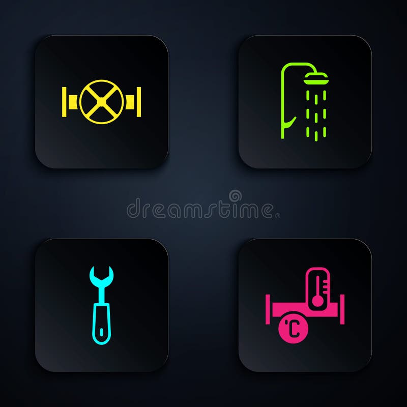 Set Industry Metallic Pipe, and Valve, Wrench Spanner and Shower. Black ...