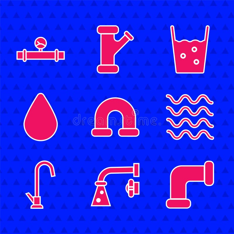Set Industry Metallic Pipe, Water Tap, Wave, Drop, Glass with Water and ...
