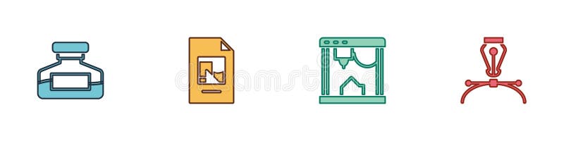 Set Ink Bottle, File Document, 3D Printer and Fountain Pen Nib Icon ...