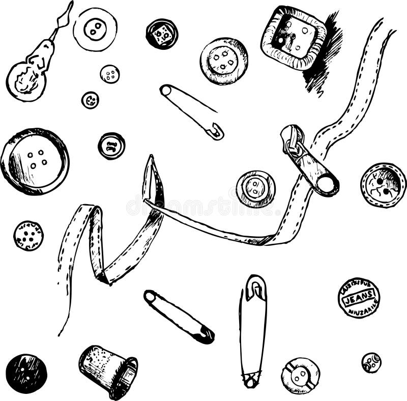 Set of Ink Drawing Needlework Equipment Stock Vector - Illustration of ...