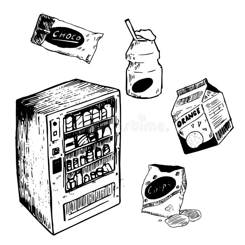Vending Machine and Snacks Ink Illustrations. Chocolate Bars, Drinks ...