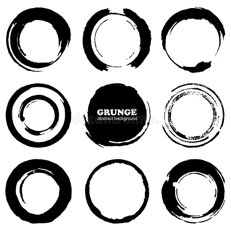 Set of Black Ink Round Splash. Circle Frame. Hand Drawn Ink Grunge ...
